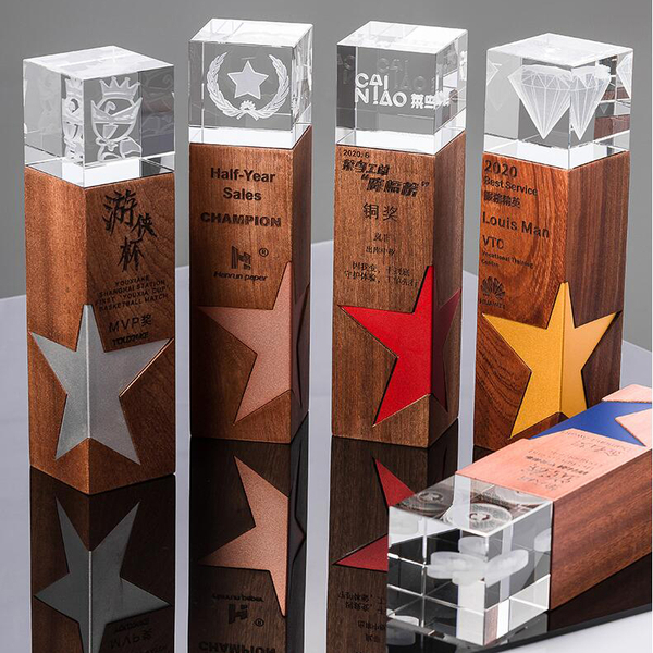 Star Solid Wood Crystal Trophy - Medals Award