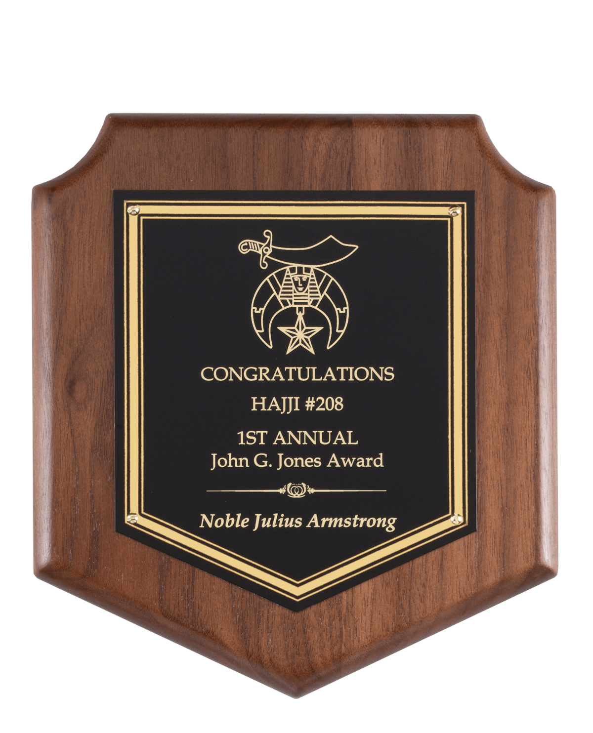 Genuine Walnut Notched Shield Plaque - Medals Award